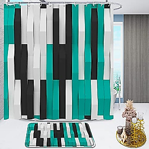 YOKYHOM Green Bathroom Sets with Shower Curtain and Rugs, 3 Piece Striped Bathroom Shower Curtain Sets with Rugs, Incl 71'' x 71'' Shower Curtain with 12 Hooks, 2 Pcs 30'' x 18'' Non Slip Bath Mats