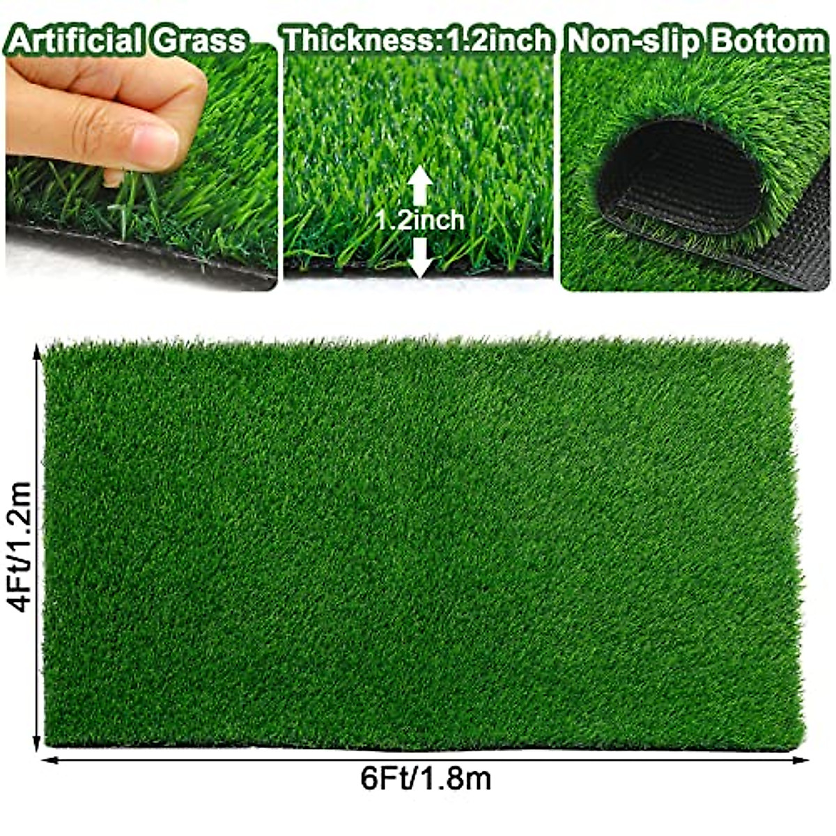 U'Artlines Artificial Grass Rug 4FTX6FT(24 Square FT), 1.2 Inch Realistic Grass Turf Thick Fake Faux Grass Carpet Patio Mat Indoor Outdoor Lawn Landscape for Dogs Garden Backyard Balcony
