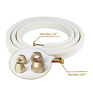 TADERUILY 33 Ft Mini Split Line Set,Air Conditioning Copper Tubing Pipe Extension,1/4" & 3/8" 3/8" PE Thickened for AC and Heating Equipment Insulated with Nuts. (1/4+3/8)