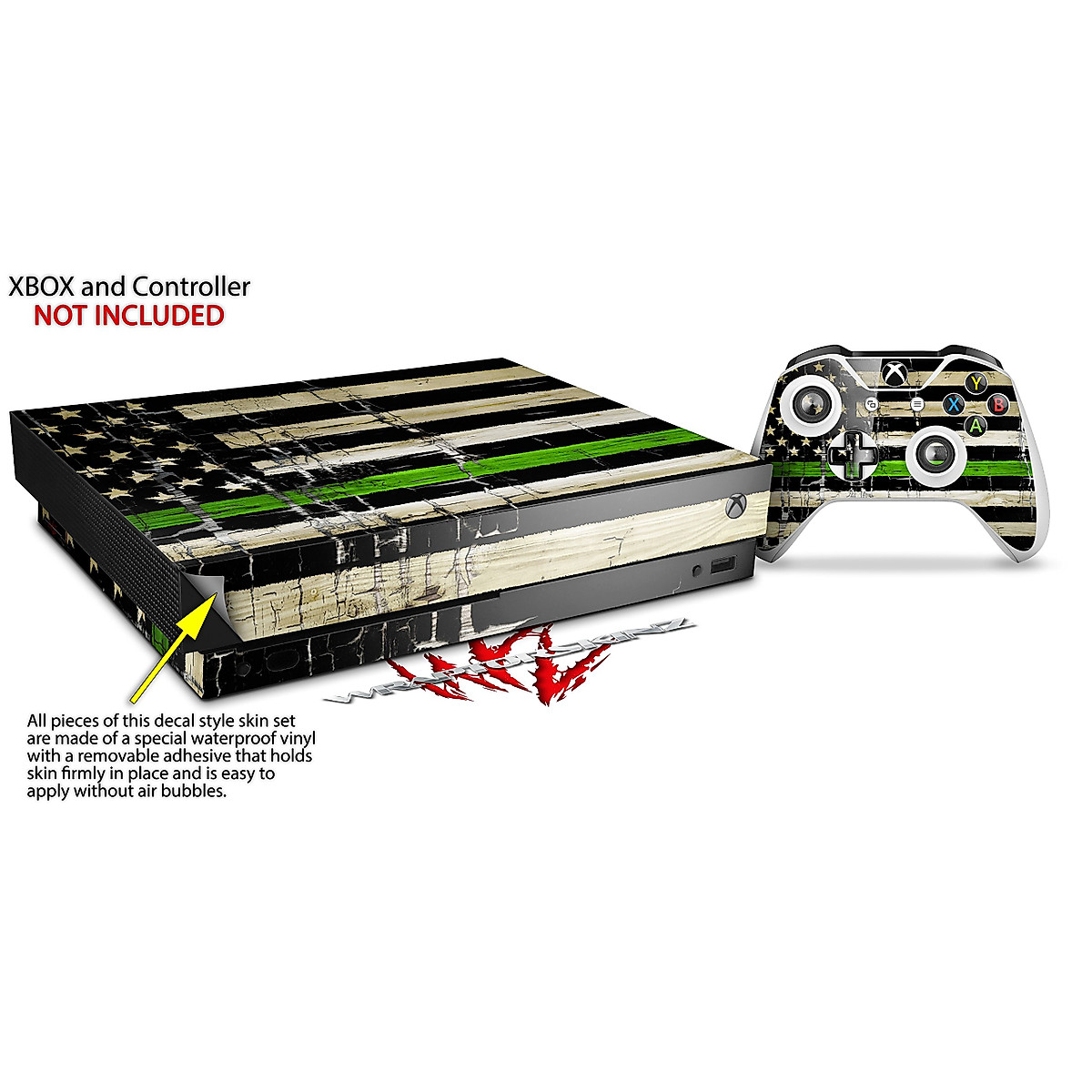 WraptorSkinz Decal Vinyl Skin Wrap Compatible with Xbox One X Console and Controller - Painted Faded and Cracked Green Line USA American Flag