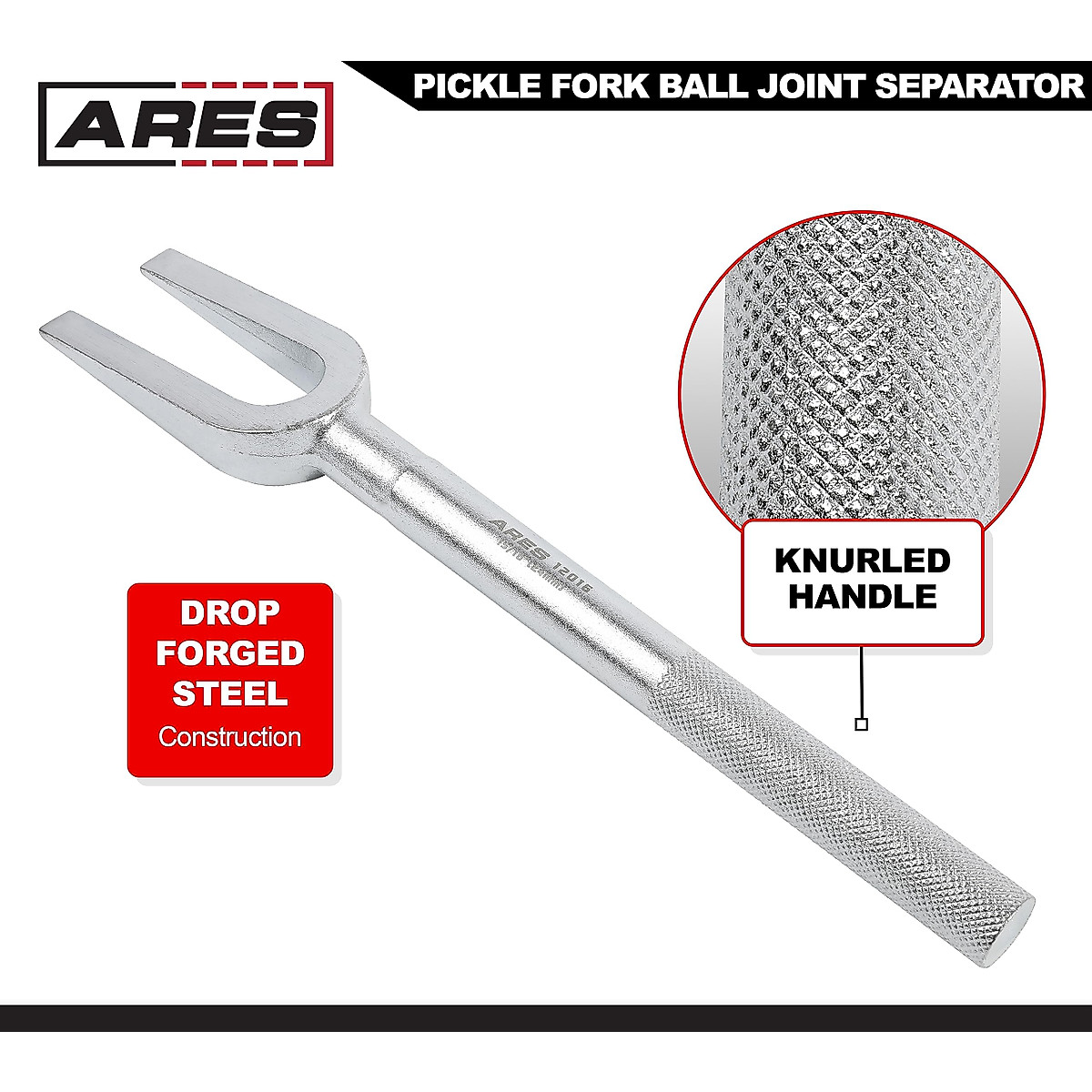 ARES 12016-15/16-inch Pickle Fork Ball Joint Separator - Tempered Drop Forged Steel Construction - 15/16-Inch Tapered Fork with Non-Slip Knurled Handle
