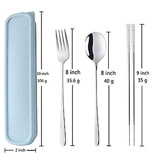 Portable Travel Flatware 3PCS Spoon Fork Chopsticks Set 18/10 Stainless Steel with Case and Bag for School Work Office lunch (Silver)