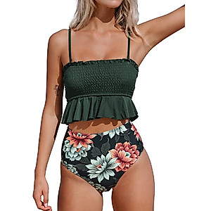 CUPSHE Women's High Waist Bikini Swimsuit Floral Print Ruffle Two Piece Bathing Suit, L Army Green