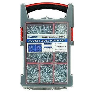 Massca Pocket-Hole Screw Kit – 1,000 Self-Tapping Zinc Plated Screw Set with No. 2 Square Driver Bit – 1”, 1-1/4” Fine-Thread & 1”, 1-1/4”, 1-1/2”, 2”, 2-1/2” Coarse-Thread Washer Head Wood Screws.