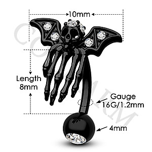 COCHARM Black Bat Skeleton Rook Earrings Hallween Rook Piercing Skull Hand 16g Rook Jewelry 8mm 16g Curved Rook