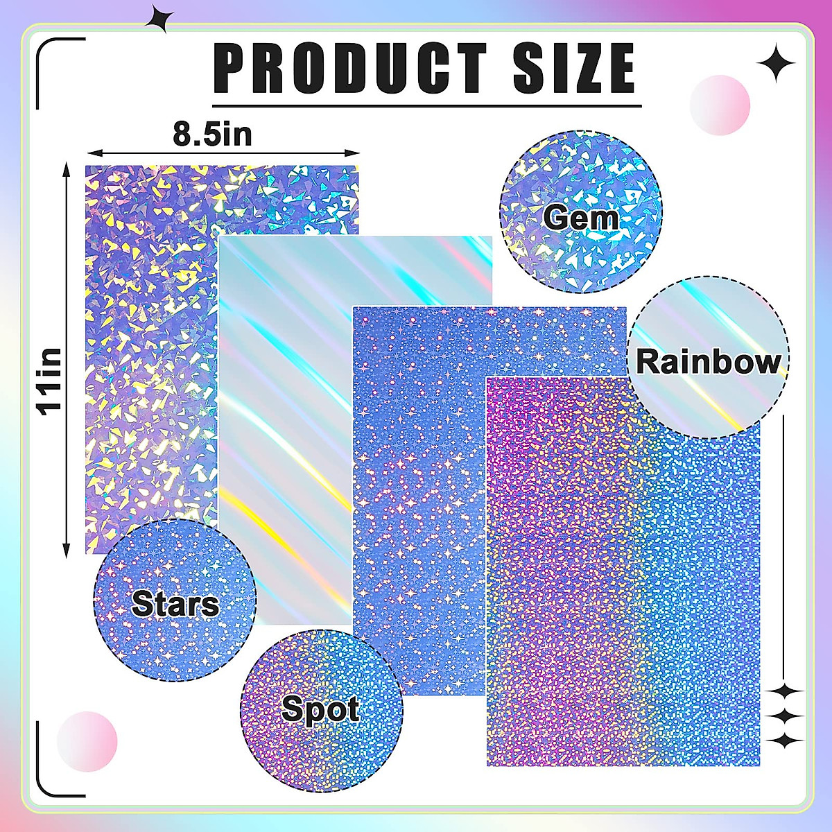 60 Sheets Printable Holographic Laminate Sheets Vinyl Sticker Paper Printable Holographic Sticker Paper for Inkjet/Laser Printer Waterproof Sticker Paper with Gem Rainbow Spot Star Patterns 8.5 x 11"