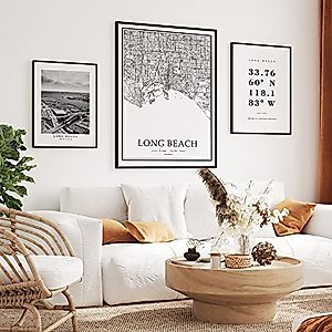 Dear Mapper Long Beach United States View Abstract Road Modern Map Art Minimalist Painting Black and White Canvas Line Art Print Poster Art Line Paintings Home Decor (Set of 3 Unframed) (12x16inch)