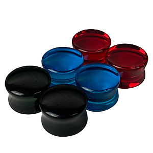 Mystic Metals Body Jewelry Set of 3 Pairs Glass Double Flare Plugs (Aqua, Green, Red)(BP-040) (2g (6mm))