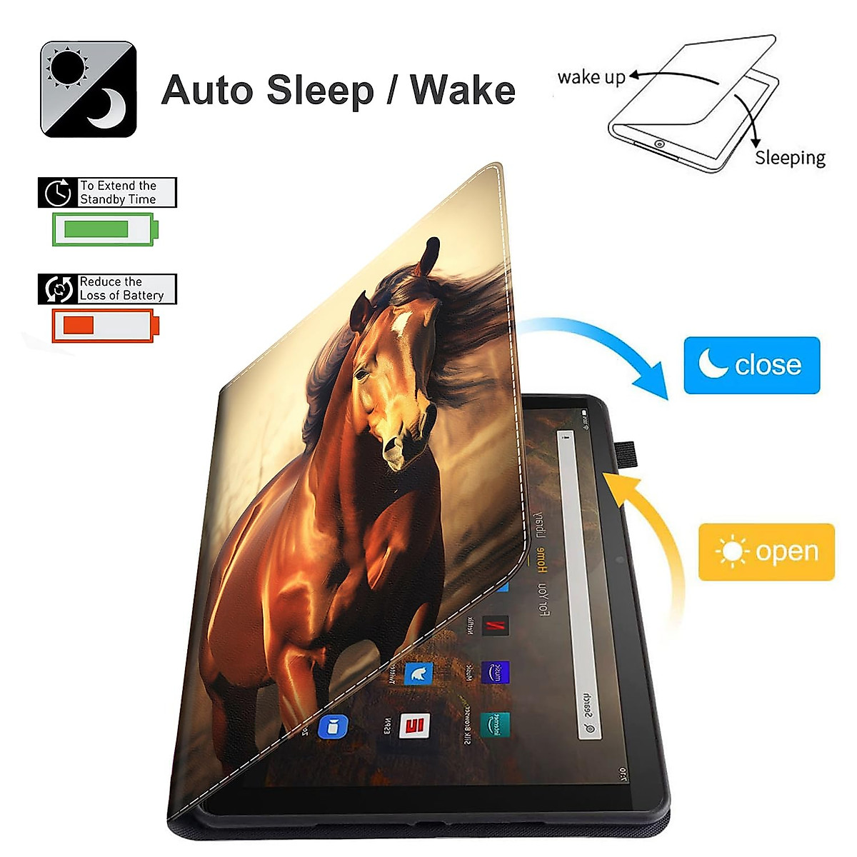 Case for All New Fire HD 10 Tablet 11th Generation and Fire HD 10 Plus 2021，Slim Fit Foldable Standing Cover Case with Auto Sleep/Wake for Fire HD 10 Tablet 10.1 Inch，Horse