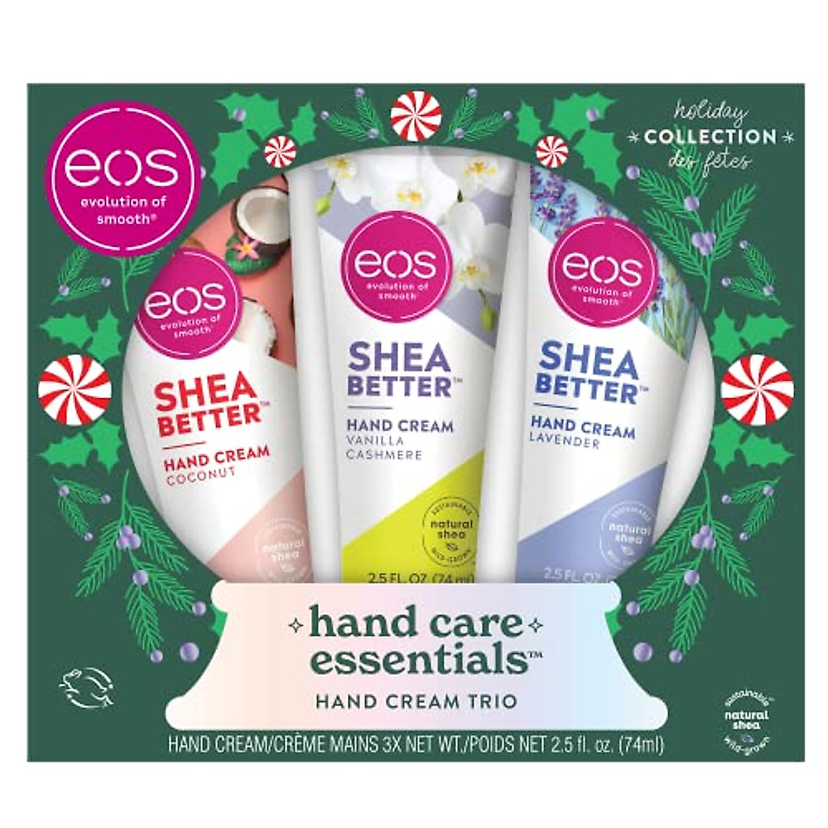 eos Holiday Collection, Hand Care Essentials, Hand Cream Trio- Coconut, Vanilla Cashmere, and Lavender, 24-Hour Hydration, 2.5 oz, 3-Pack, Clear