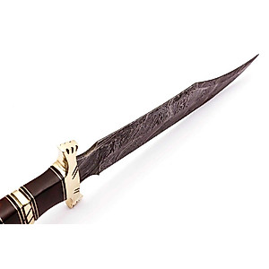 Skokie Knives Damascus Steel hunting Knife Stag Antler Handle with Burl Wood & Brass Guard –15” Handmade Premium Quality Sharp Edge Fix Blade - Genuine Multipurpose Knife – Ideal for Hunting, Camping