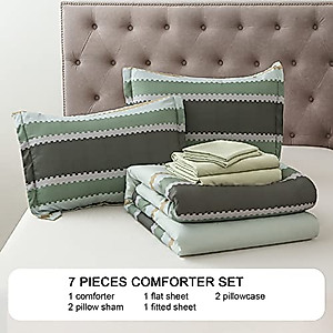 MMCLL King Size Comforter Set, 7 Piece Green Striped Bed in a Bag, Lightweight Comforter Sets with Sheets and Pillows, Soft Microfiber Complete Bedding Set for All Season(104"X90")
