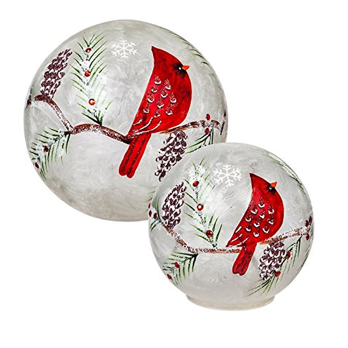Cypress Home Beautiful Pine Cones and Cardinal Hand Painted Glass LED Globe Table Décor, Set of 2-7 x 7 x 7 Inches Indoor/Outdoor Decoration for Homes, Yards and Gardens