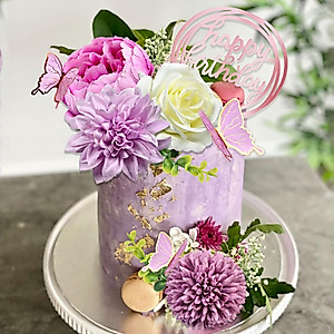 14 PCS Butterfly Cake Toppers Happy Birthday Cake Decorations with Artificial Purple Flowers Eucalyptus Butterflies for Girls Birthday Party Wedding Baby Shower Supplies (Purple)