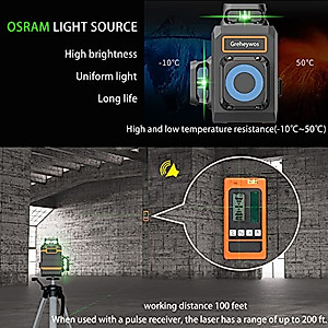 Greheywos Laser Level 12 Lines Self Leveling 3x360° 3D Green Cross Line for Construction and Picture Hanging, With Rechargeable battery, Remote Controller, Magnetic Rotating Stand, Mini Tripod Base