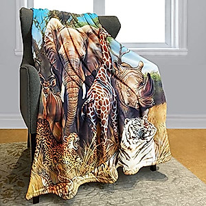 YISUMEI African Safari Animal Blanket, Savanna Deer Elephant Giraffe Rhinoceros Lizard Tiger Leopard, Wildlife Theme Indoor and Outdoor Universal, 50"x60"