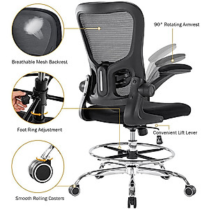 Hramk Ergonomic Office Drafting Desk Chair with Flip up Arms, Mesh Back Tall Office Chair with Adjustable Lumbar Support and Foot Ring (Metal Wheelbase, Black)