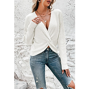Pink Queen Women's 2024 Casual Pullover Sweaters Sexy Deep V Neck Long Lantern Sleeve Twist Knot Wrap Cropped Knit Sweater Tops White M