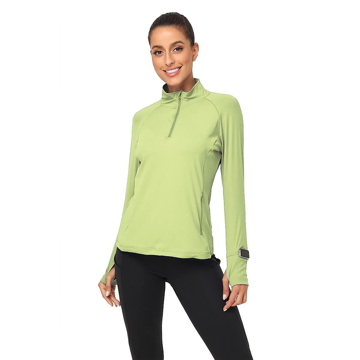 CUNYI Womens UPF 50+ Sun Protection Long Sleeve Quarter Zip Pullover Quick Dry Hiking Shirts with Zipper Pockets Workout Tops, Light Green, XXL