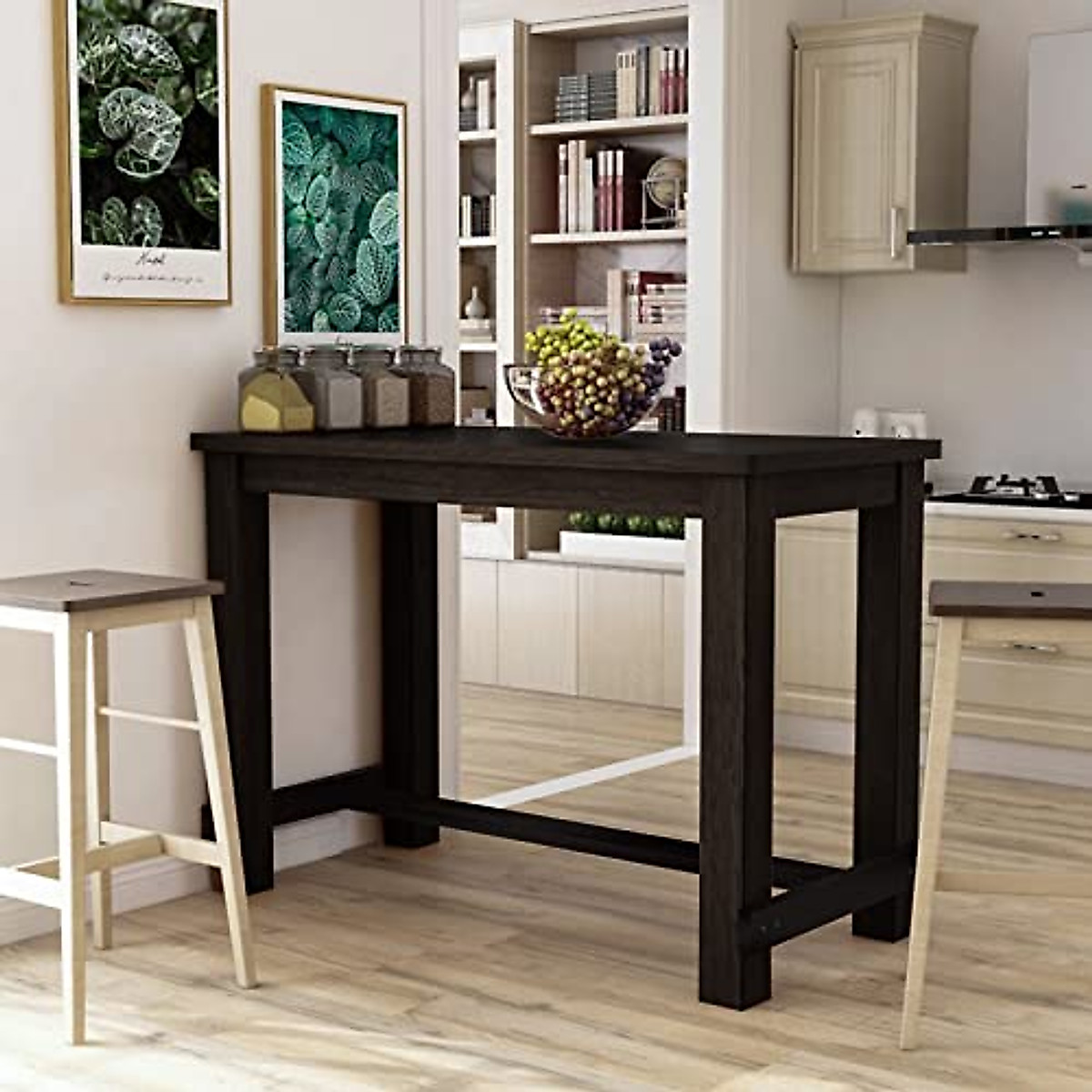 Nathaniel Home Counter Height Bar Dining Room Wooden Frame Table Desk with Iron Footrest, 53“W27 D36 H, Black