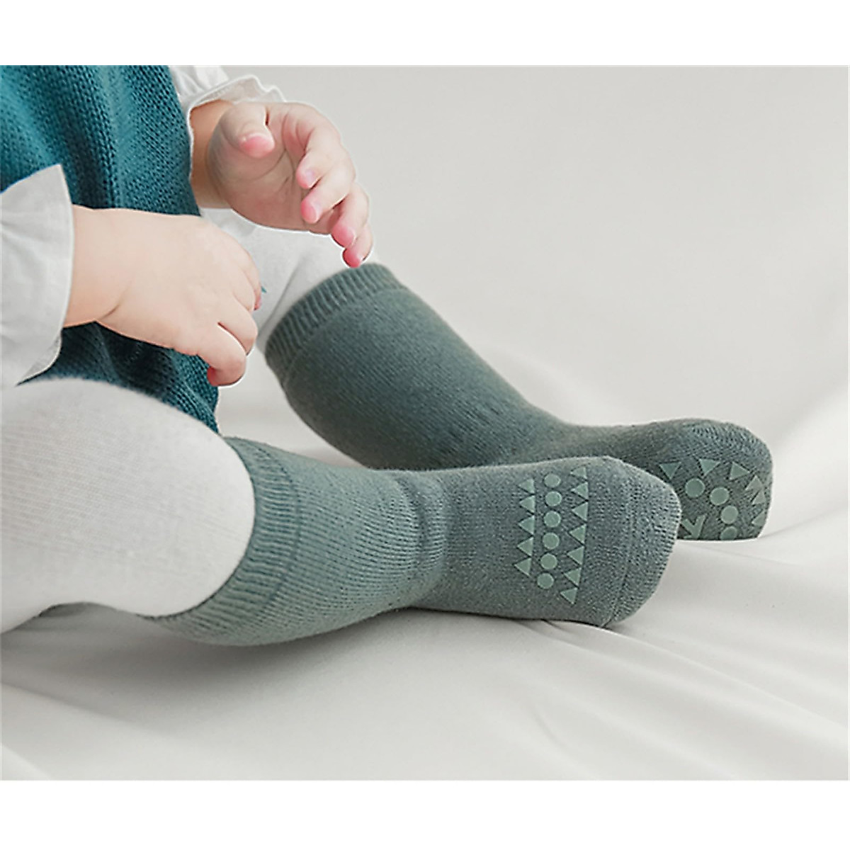 BEHELE Baby Non Slip Grip Socks Toddler Knee High Anti Skid Crew Slipper Crawling Socks for Girls Boys Newborn (M(1-3T))