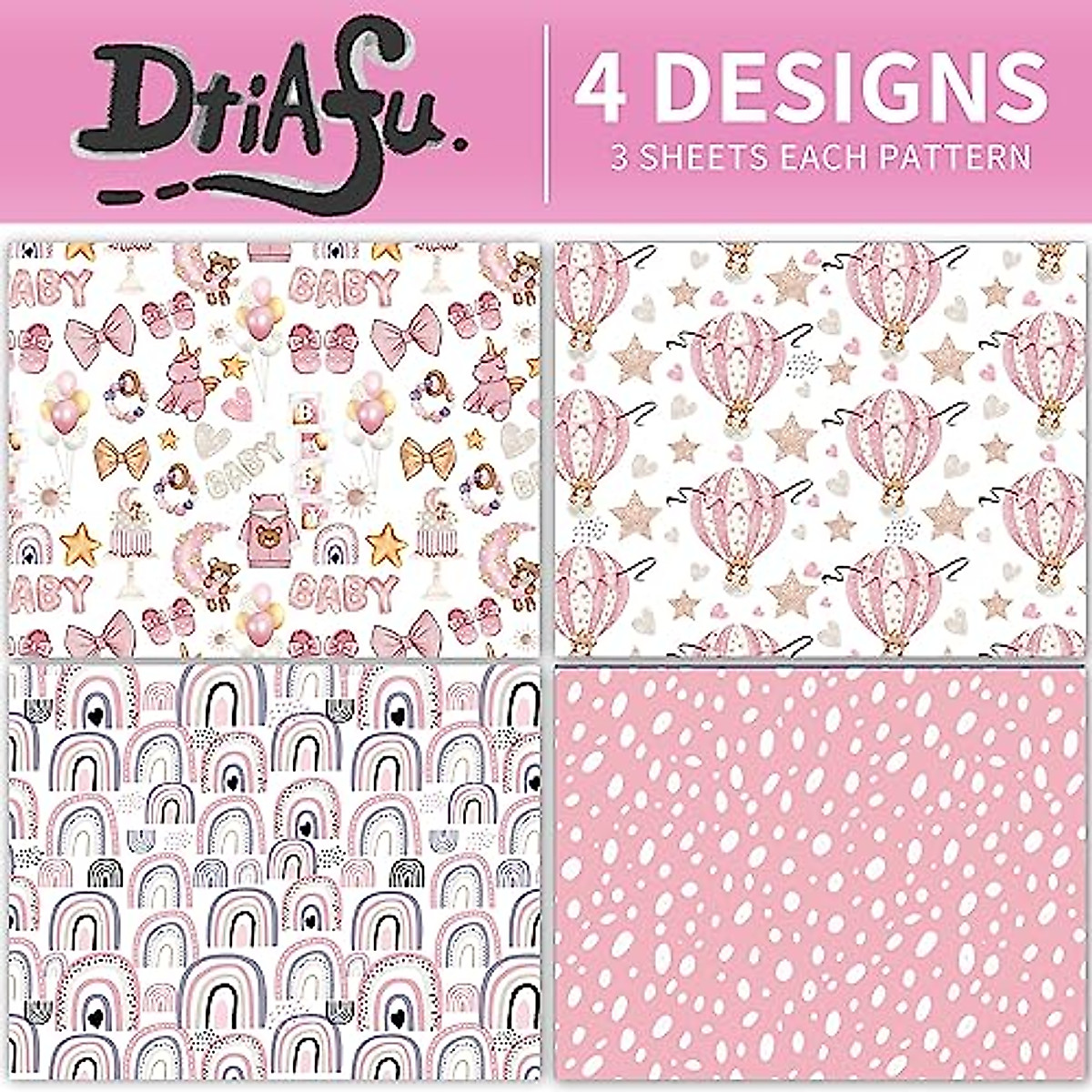 Dtiafu Baby Shower Wrapping Paper for Baby Girl - 12 Sheets Pink Gift Wrap with Baby Feet Bear Unicorn Rainbow Princess Shoes Designs - 20 x 28inch Per Sheet