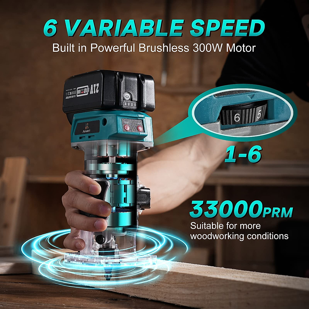 Avhrit Cordless Compact Router, Wood Router Tool With 2PCS 4.0Ah Batteries, 21V Brushless Portable Handheld Palm Routers for Woodworking, Wood Trimmer Cutting with 15 pieces 1/4" Router Bits Set