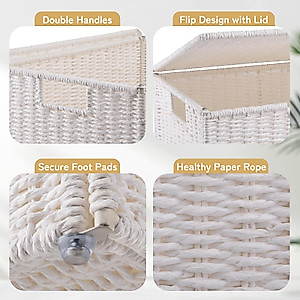 OIAHOMY Laundry Hamper with Lid, 23.8 Gal (90L) Wicker Hamper with Removable Liner Bags, Handwoven Clothes Hamper with Handles, Foldable Woven Paper Rope Hamper for Laundry Room, Bedroom-White