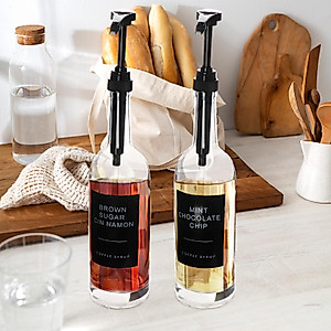 MSTCMZP 25.4 oz 750 ml Coffee Syrup Dispenser Set - 4 Black Dispensers With Pump & Labels - Glass Bottle Included - Coffee Bar Accessories