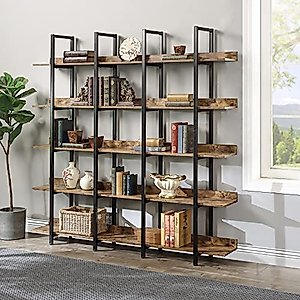 P PURLOVE Bookcase 5 Tier Open Vintage Bookshelf Industrial Wood and Metal Storage Organizer, 70.87”W Industrial Bookcase with Adjustable Foot Pads, for Home Office, Brown