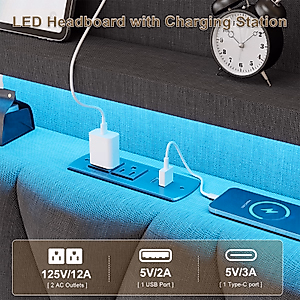 busyaeh King Floating Bed Frame with Hidden Storage Space and Charging Station, RGB Light Fabric Platform Bed with LED Light, No Box Spring Needed, Dark Gray