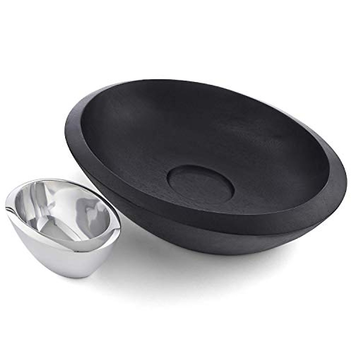 Nambe - Noir Collection Dark Stained Acacia Wood Chip & Dip Serving Bowl with Nambe Alloy Dip Bowl - Measures at 16" x 11" - Made with Acacia Wood and Nambe Alloy - Designed by Steve Cozzolino