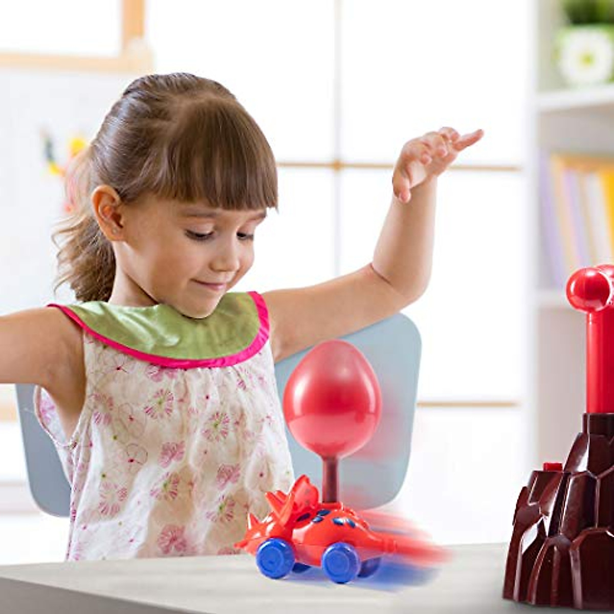 Prextex Air-Powered Dinosaur Car w/ Volcano Inflator/Pump & Balloon | Kids Science/STEM Toy Kit | Boy, Girl, Kid Gift Set Toys