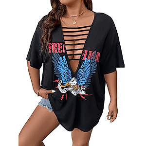 SOLY HUX Women's Plus Size Letter Graphic Tees Cut Out Deep V Neck Half Sleeve T Shirts Tops Black Graphic 2XL