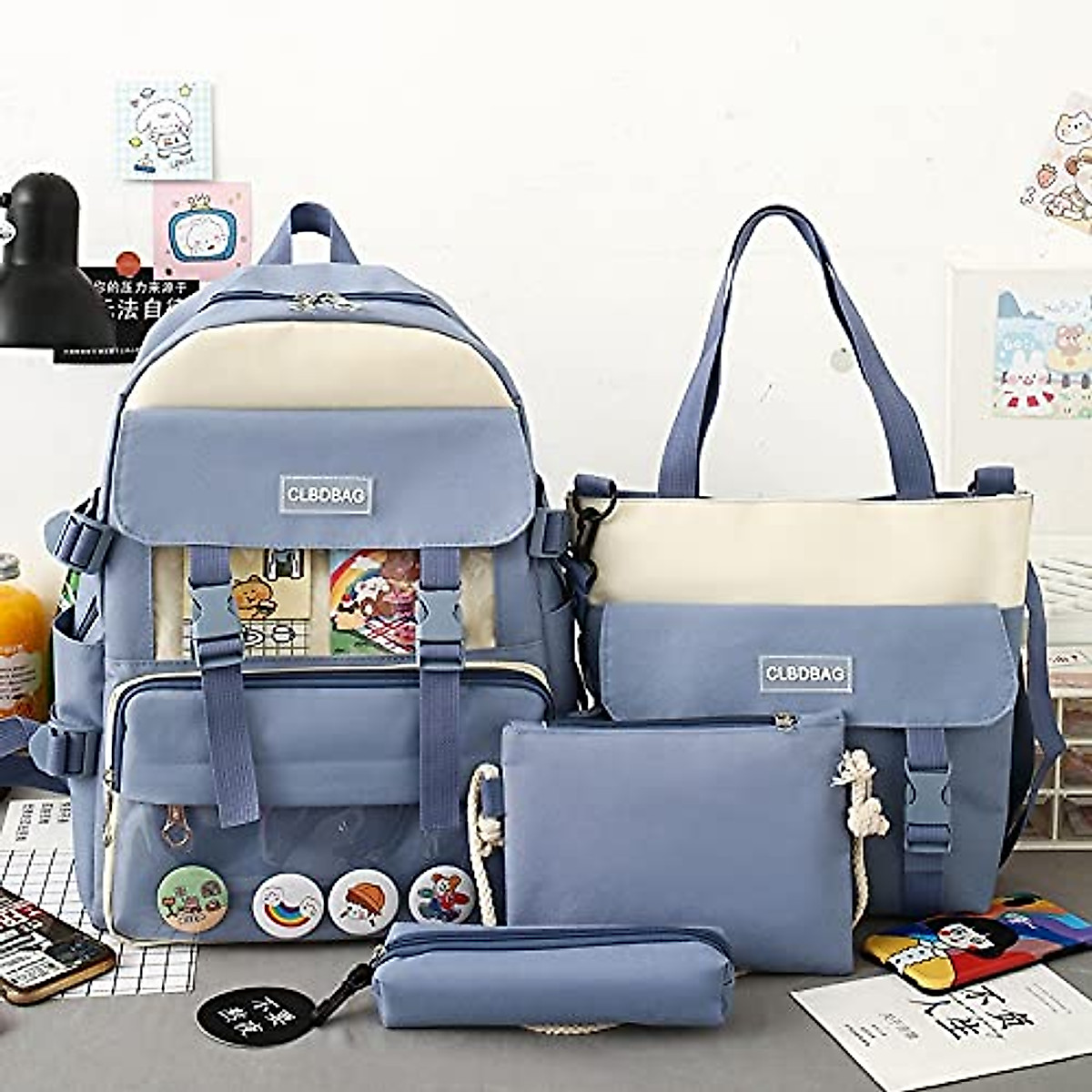 Timtram Cute Kawaii Canvas Backpack 4Pcs Set, Backpack, Pencil Pouch, Shoulder Bag, Lunch Bag, for Girls Boys, Give away bear pendant, cards, badges (Blue)