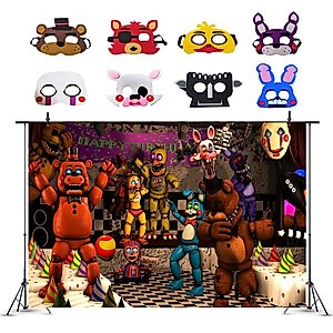Backdrop Birthday Party Decorations Photo Background, Five Fredy 8 Pcs Cosplay Masks, Party Supplies for Kids