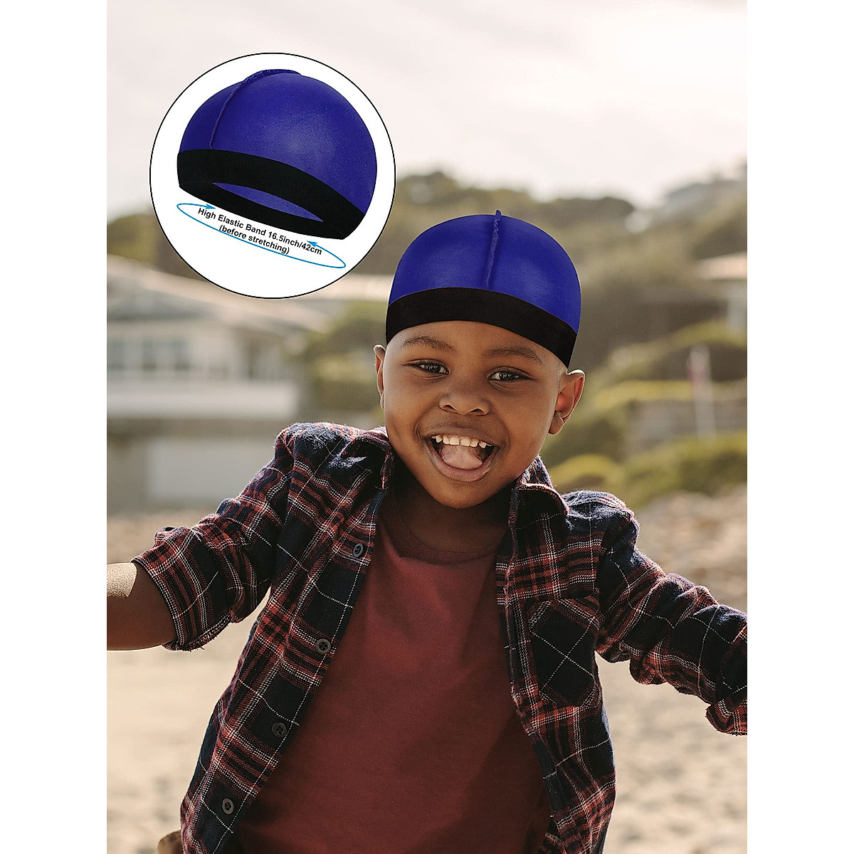 4 Pieces Kids Silky Durag with Wave Caps Set Unisex Baby Durags Long Tail and Wide Strap Headwraps Turban Beanies (Black, Navy Blue)