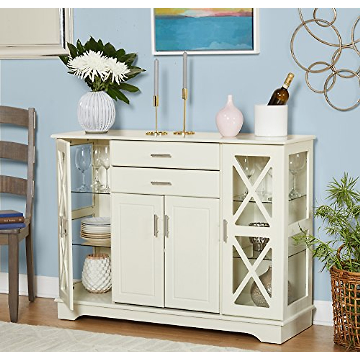 Target Marketing Systems Kendall Dining Buffet Cabinet with Storage, Modern 2-Drawer Kitchen Sideboard Doors, and 2 Adjustable Glass Shelves, 47.25" Inch, Antique White
