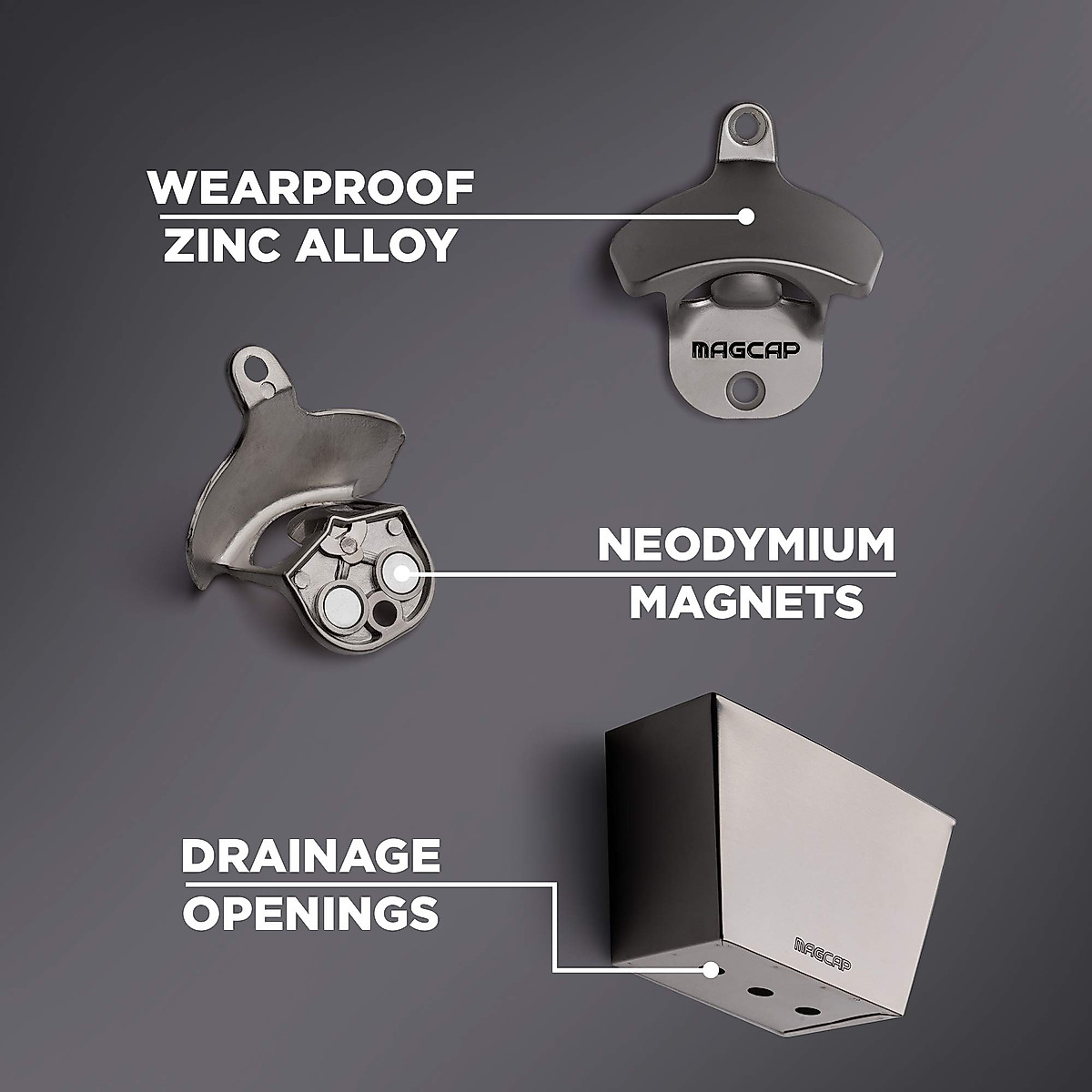 MAGCAP Magnetic Wall Mounted Bar - Style Bottle Opener and Bottle Cap Catcher Set for Beer and Sodas - Stylish, Easy to Install and Effortless to Use - Collects the Caps so You Don't Have to!