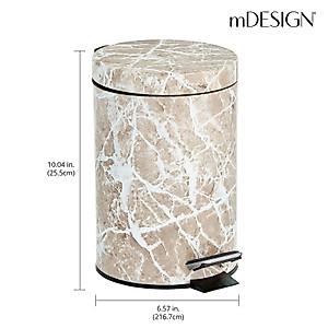 mDesign Small Modern 3-Liter / .7 Gallon Round Metal Lidded Step Trash Can, Compact Garbage Bin with Removable Liner Bucket and Handle for Bathroom, Kitchen, Office, Garage - Taupe Marble Print