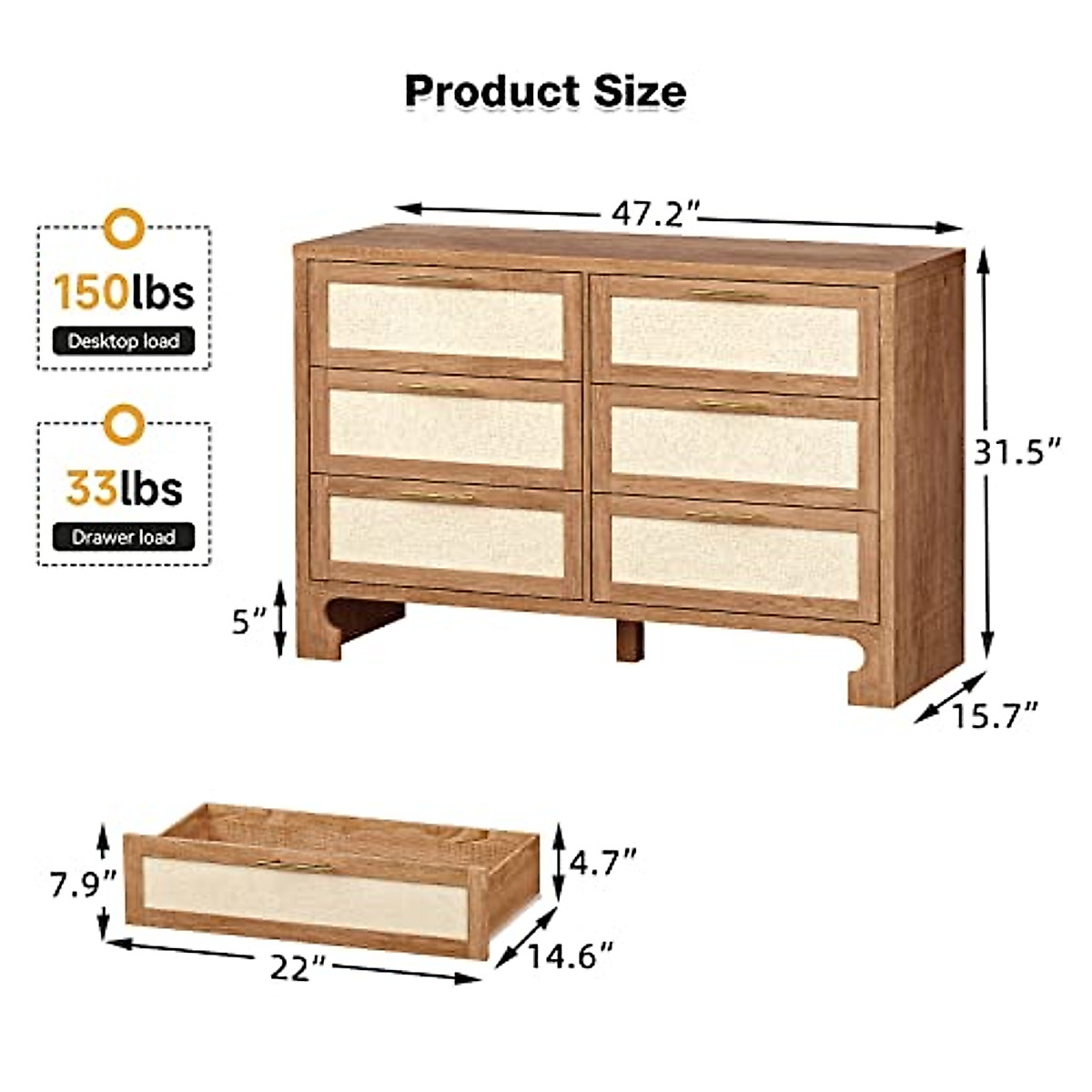 IDEALHOUSE Dresser for Bedroom with 6 Drawers, Burlap Design Wood Drawer Dresser Chest of Drawers for Closet, Living Room, Hallway, Nursery, Kids Bedroom, Caramel