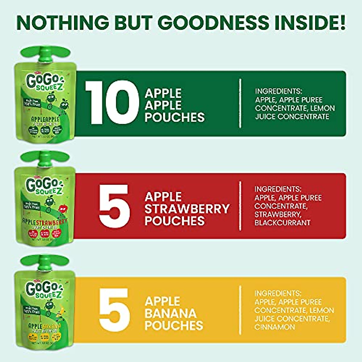 GoGo squeeZ Fruit on the Go Variety Pack, Apple Apple, Apple Banana, & Apple Strawberry, - Tasty Kids Applesauce Snacks - Gluten Free Snacks for Kids - Nut & Dairy Free - Vegan Snacks, 3.2 Ounce (Pack of 20)