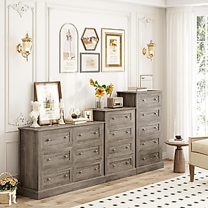 FACBOTALL Modern 6 Drawer Double Dresser, Wood Dresser Chest, Wide Chest of Drawers with Deep Drawers & Mental Double Handles for Hallway Living Room, Wash Gray