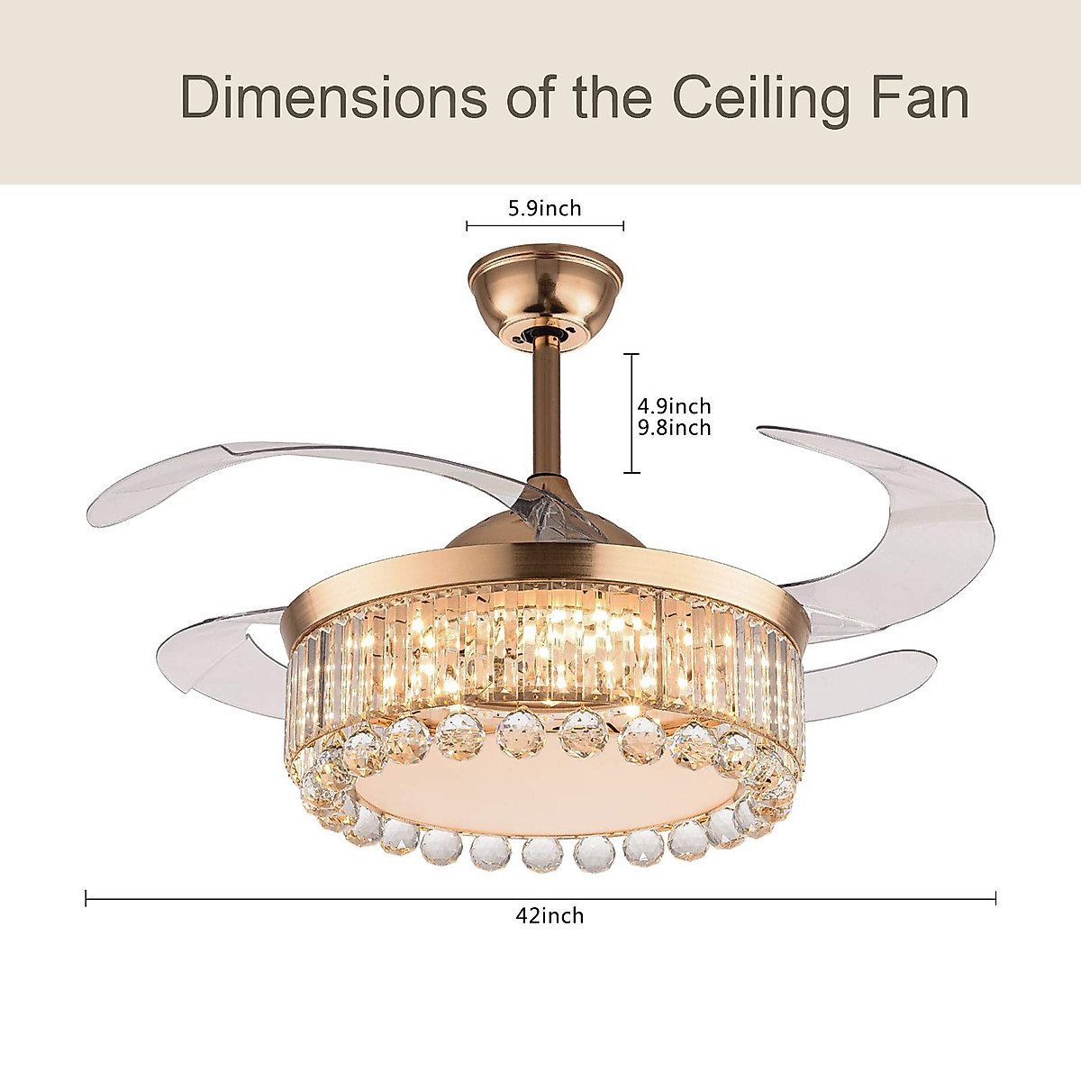 TFCFL 42" Gold Crystal Ceiling Fan Lights with Remote Control,Ceiling Fan Chandelier LED Three-Color Lights 3 Speeds Fan Retractable Blade for Living Room, Kitchen, Restaurant (Gold)