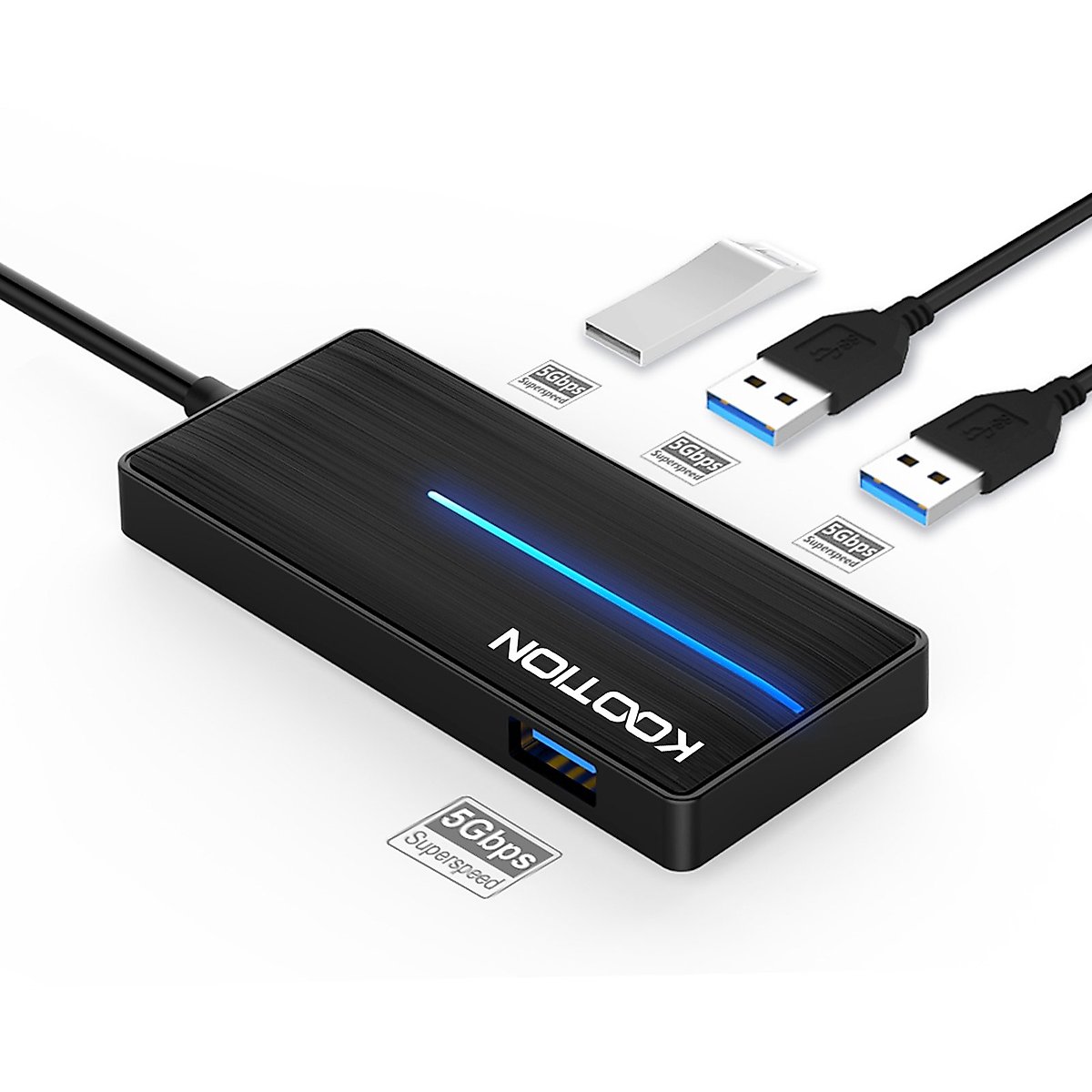 KOOTION 4-Port USB 3.0 Hub, Ultra-Slim Data Hub (5Gbps Transfer Speed) with LED Indicator for MacBook, Windows PC, Surface, Mobile HDD, Ultrabook, Flash Drive, Laptop (Black)
