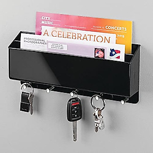 mDesign Wall Mount Plastic Divided Mail Organizer Storage Basket - 2 Sections, 5 Metal Peg Hooks - for Entryway, Mudroom, Hallway, Kitchen, Office - Holds Letters, Magazines, Coats, Keys - Black