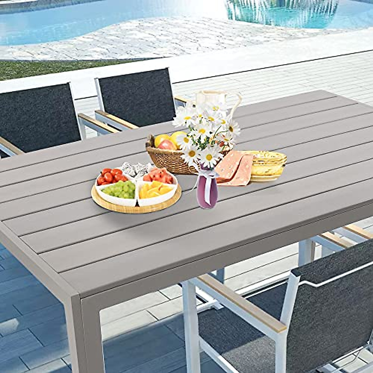 Dporticus Outdoor Patio 55" Rectangular Dining Table for 6 Metal Aluminum Frame with Grey Wood Look