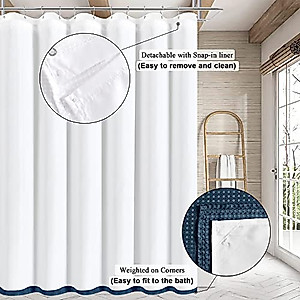 Navy Blue Shower Curtain with Liner Set Ombre Navy Blue and White Waffle Fabric Elegant Modern Heavy Duty Double Layers Hotel Style Decor Blue Shower Curtains for Bathroom, 72x72