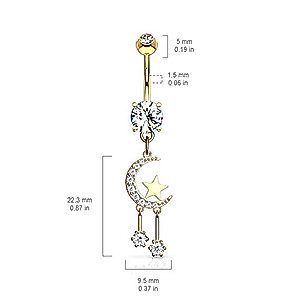 Pierced Owl 14GA Stainless Steel Crystal Paved Crescent Moon and Stars Dangling Belly Button Ring (Silver Tone)