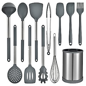 Keidason Kitchen Cooking Utensils Set, 12-piece Non-stick Silicone Kitchen Utensils Set Heat-resistant Stainless Steel Handle, BPA-Free, Cooking Tool Mixing Kitchen Tool Set (Gray)